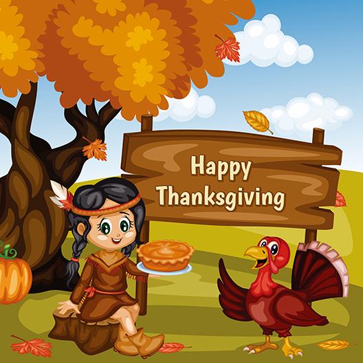 Cartoon Girl and Turkey Celebration Background Thanksgiving Day Backdr ...