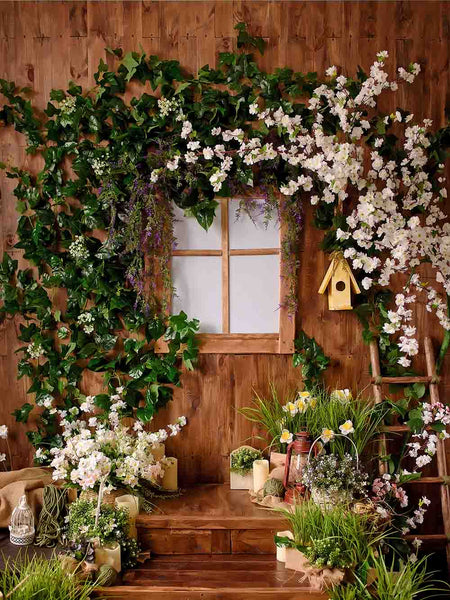 Green Vine Plum Bossom Against Wood Wall Window Backdrop IBD-246823 ...