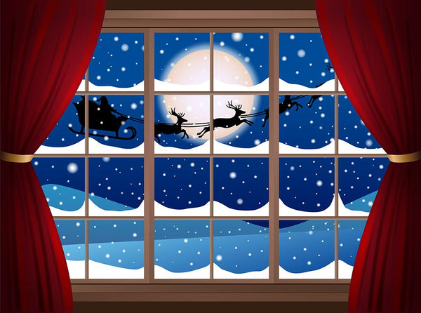 Santa is Flying Outside the Cartoon Window Background IBD-19407 – iBACKDROP