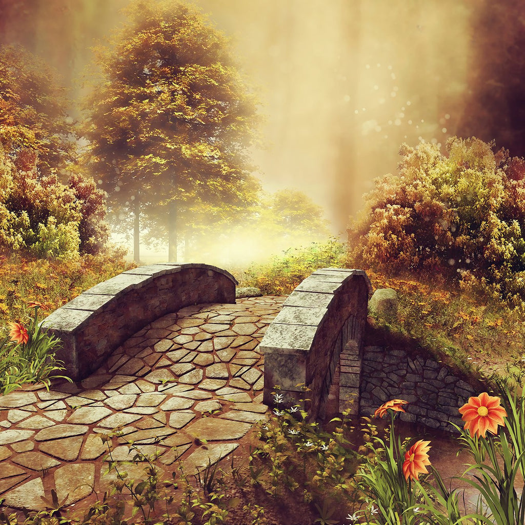 Scenic Landscape Background Stone Bridge with Flowers on a Colorful Au ...